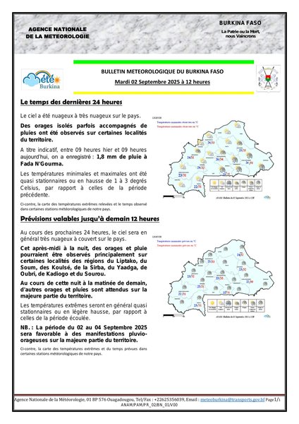 Bulletin météo du 02 septembre 2025 à 12h (valable jusqu'au 03 ...