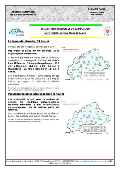 Bulletin météo du 03 septembre 2025 à 12h (valable jusqu'au 04 ...