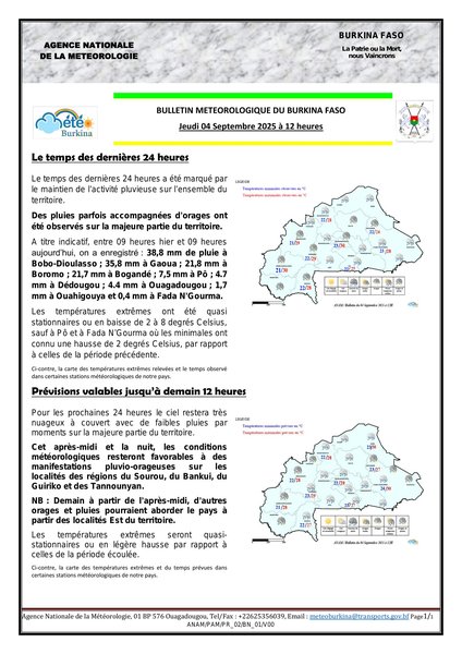 Bulletin météo du 04 septembre 2025 à 12h (valable jusqu'au 05 ...