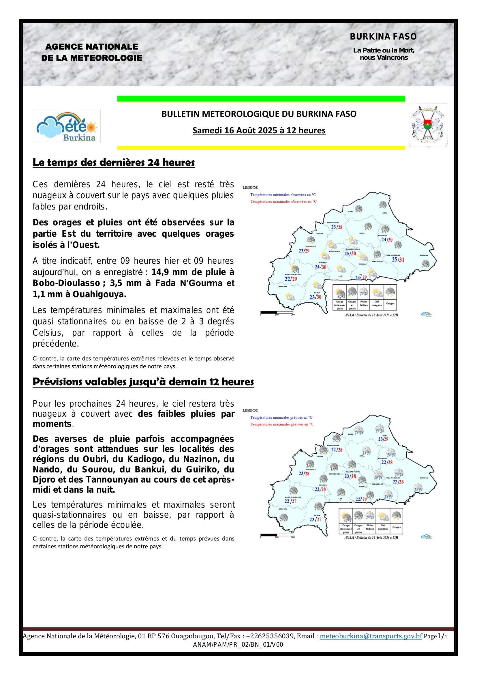 Bulletin météo du 16 août 2025 à 12h (valable jusqu'au 17 août 2025 à 12h)