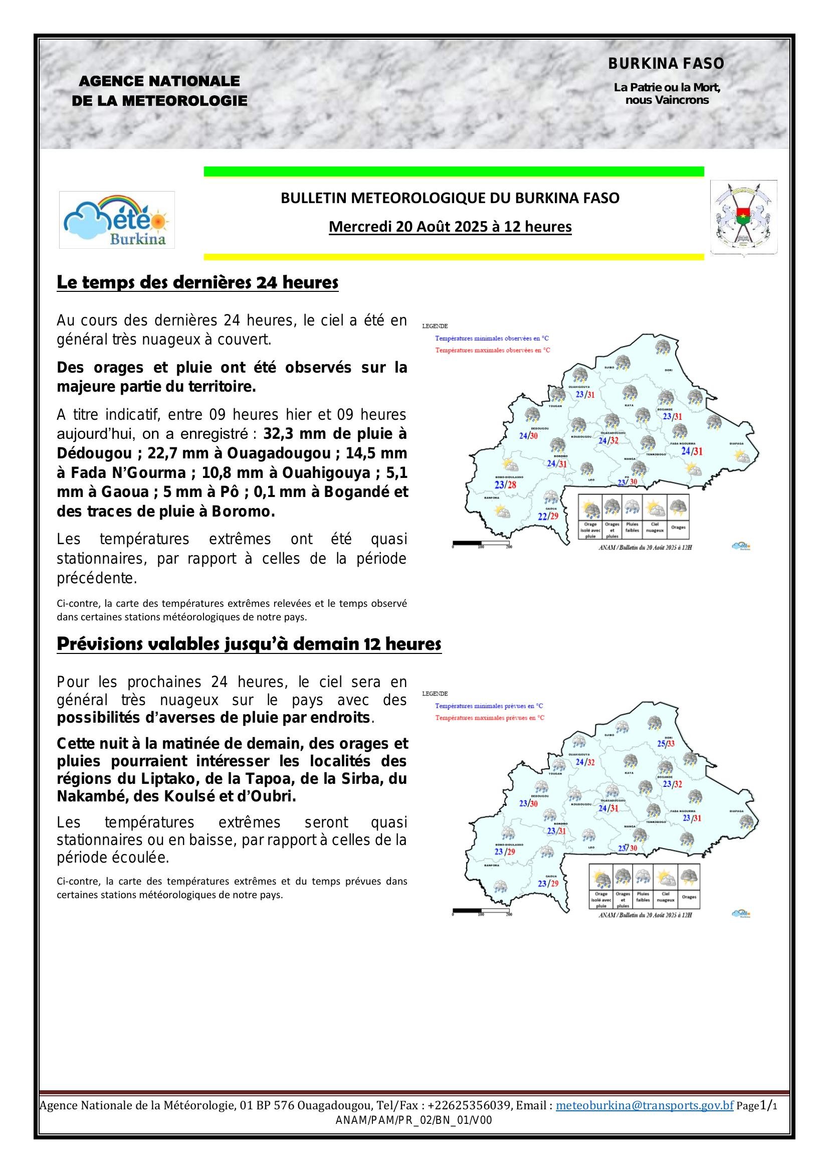 Bulletin météo du 20 août 2025 à 12h (valable jusqu'au 21 août 2025 à 12h)