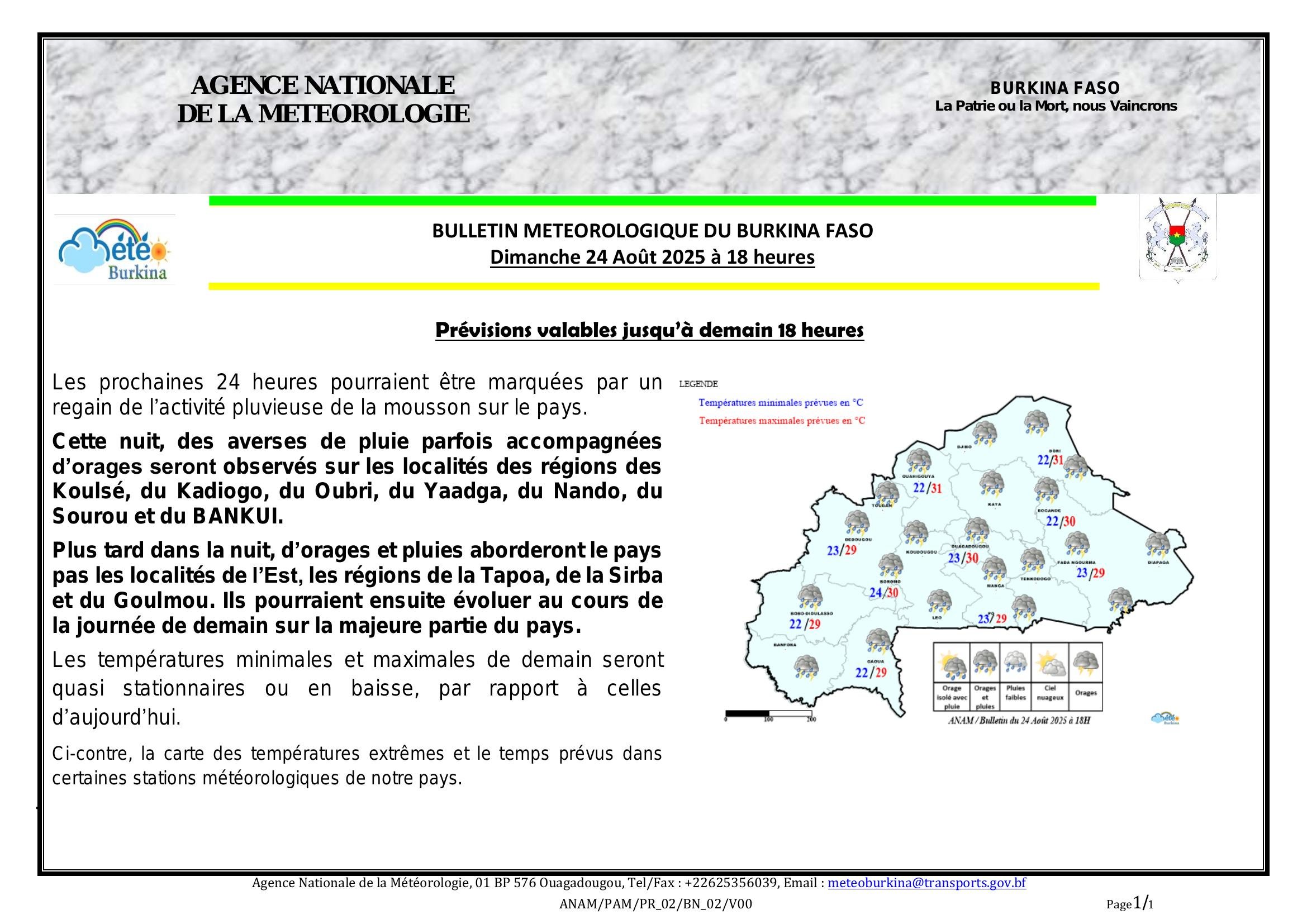 Bulletin météo du 24 août 2025 à 18h (valable jusqu'au 25 août 2025 à 18h)