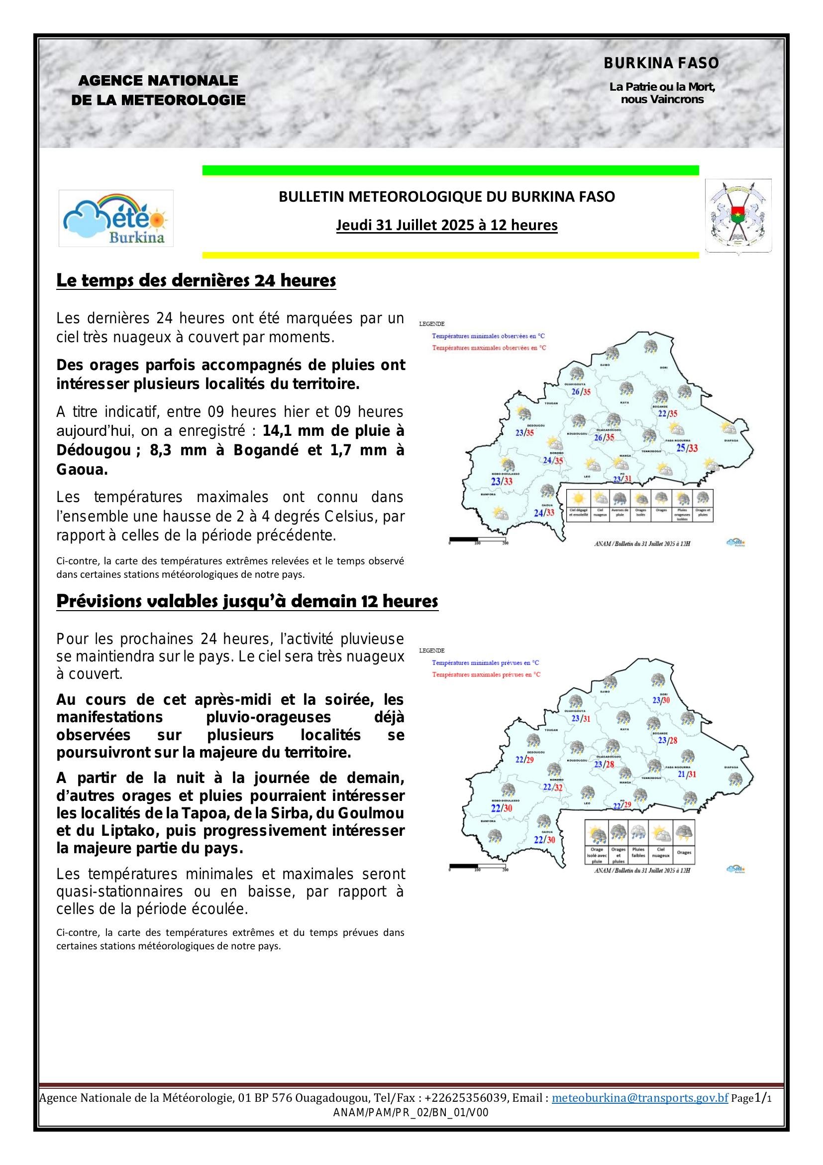 Bulletin météo du 31 juillet 2025 à 12h (valable jusqu'au 1er août 2025 ...