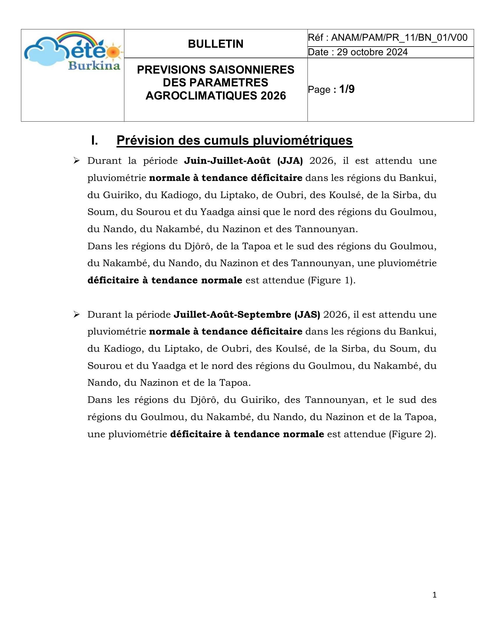 Bulletin de prévision saisonnière 2026